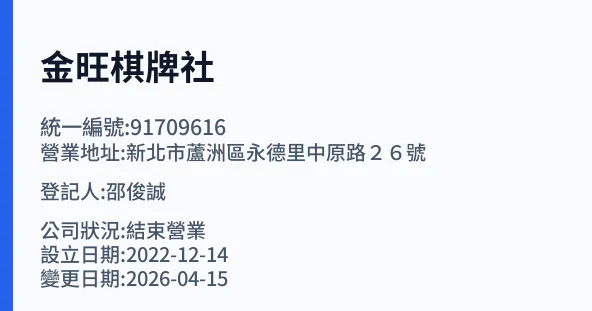 金旺棋牌社的照片-統編 91709616(新北市) 公司登記資料與營業項目詳細圖表