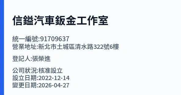 信鎰汽車鈑金工作室的照片-統編 91709637(新北市) 公司登記資料與營業項目詳細圖表