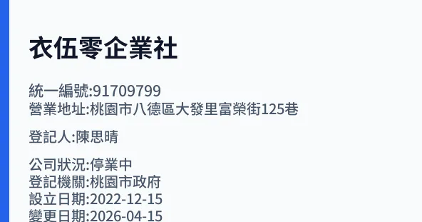 衣伍零企業社的照片-統編 91709799(桃園市) 公司登記資料與營業項目詳細圖表