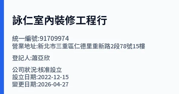 詠仁室內裝修工程行的照片-統編 91709974(新北市) 公司登記資料與營業項目詳細圖表