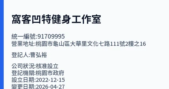 窩客凹特健身工作室的照片-統編 91709995(桃園市) 公司登記資料與營業項目詳細圖表