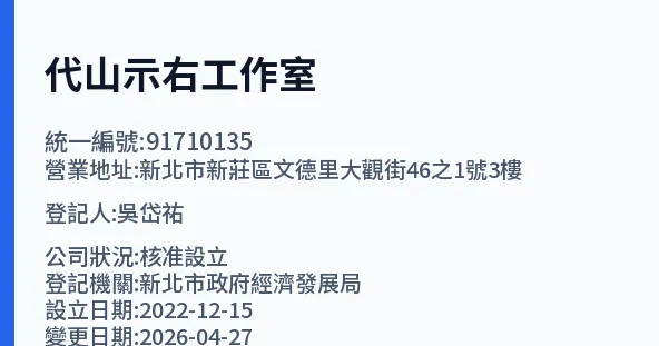 代山示右工作室的照片-統編 91710135(新北市) 公司登記資料與營業項目詳細圖表