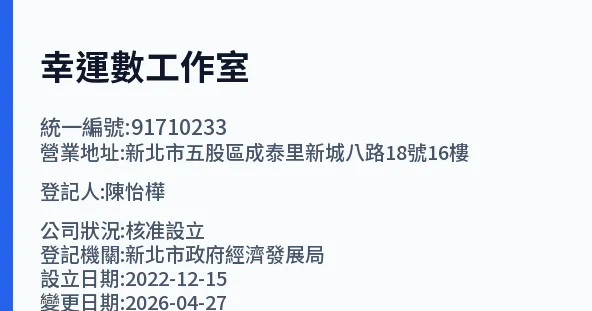 幸運數工作室的照片-統編 91710233(新北市) 公司登記資料與營業項目詳細圖表