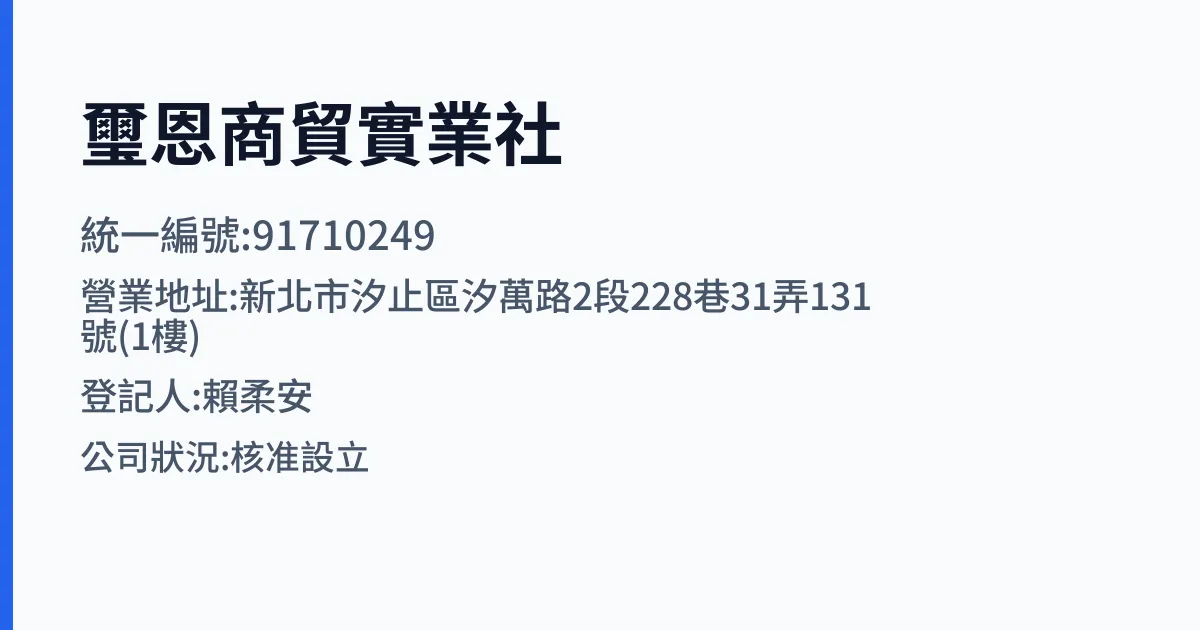 璽恩商貿實業社 - 統編 91710249(新北市) 公司登記資料與營業項目詳細圖表