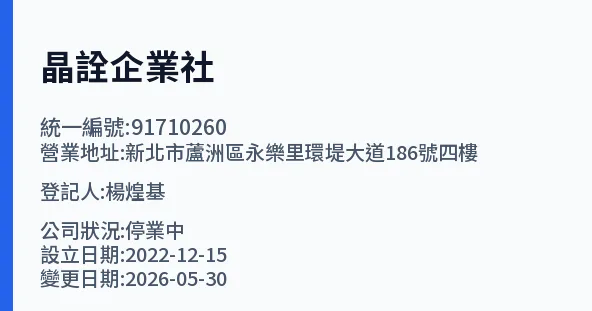 晶詮企業社的照片-統編 91710260(新北市) 公司登記資料與營業項目詳細圖表
