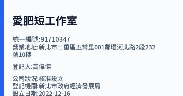 愛肥短工作室的照片-統編 91710347(新北市) 公司登記資料與營業項目詳細圖表