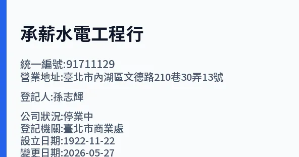 承薪水電工程行的照片-統編 91711129(臺北市) 公司登記資料與營業項目詳細圖表