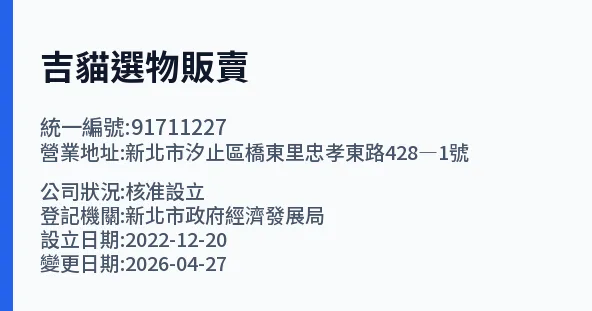 吉貓選物販賣的照片-統編 91711227(新北市) 公司登記資料與營業項目詳細圖表