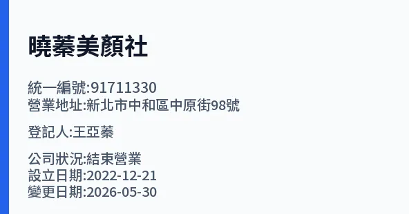 曉蓁美顏社的照片-統編 91711330(新北市) 公司登記資料與營業項目詳細圖表