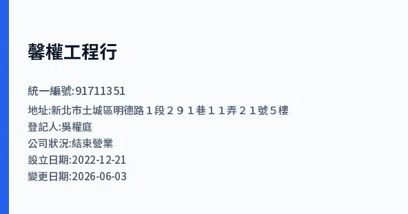 馨權工程行的照片-統編 91711351(新北市) 公司登記資料與營業項目詳細圖表