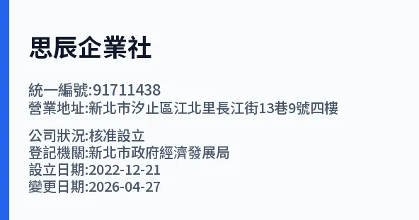 思辰企業社的照片-統編 91711438(新北市) 公司登記資料與營業項目詳細圖表