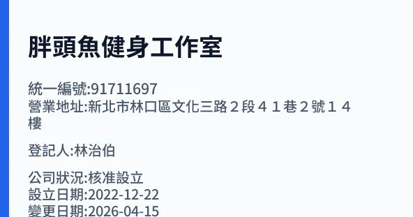 胖頭魚健身工作室的照片-統編 91711697(新北市) 公司登記資料與營業項目詳細圖表