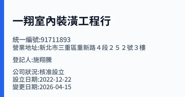 一翔室內裝潢工程行的照片-統編 91711893(新北市) 公司登記資料與營業項目詳細圖表