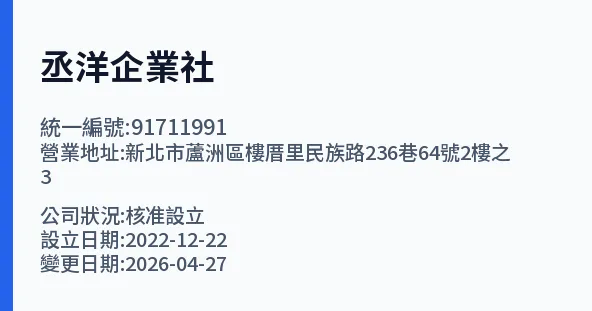 丞洋企業社的照片-統編 91711991(新北市) 公司登記資料與營業項目詳細圖表