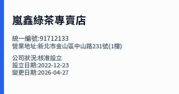 嵐鑫綠茶專賣店的照片-統編 91712133(新北市) 公司登記資料與營業項目詳細圖表