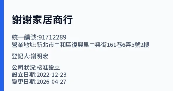 謝謝家居商行的照片-統編 91712289(新北市) 公司登記資料與營業項目詳細圖表