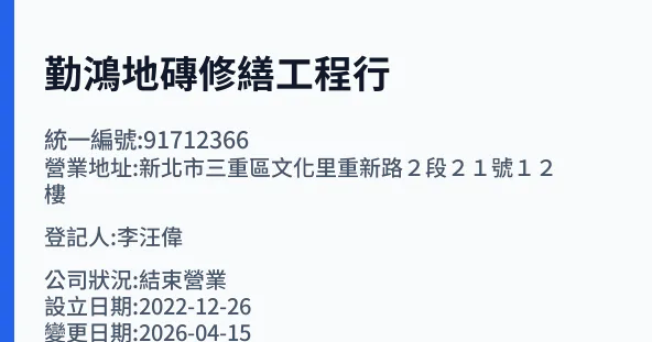 勤鴻地磚修繕工程行的照片-統編 91712366(新北市) 公司登記資料與營業項目詳細圖表