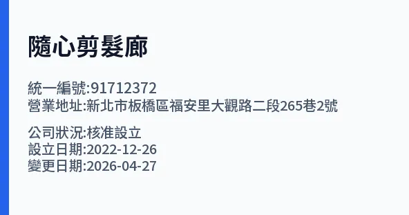 隨心剪髮廊的照片-統編 91712372(新北市) 公司登記資料與營業項目詳細圖表