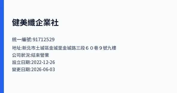 健美纖企業社的照片-統編 91712529(新北市) 公司登記資料與營業項目詳細圖表