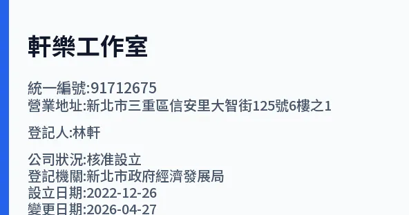 軒樂工作室的照片-統編 91712675(新北市) 公司登記資料與營業項目詳細圖表