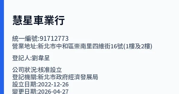 慧星車業行的照片-統編 91712773(新北市) 公司登記資料與營業項目詳細圖表