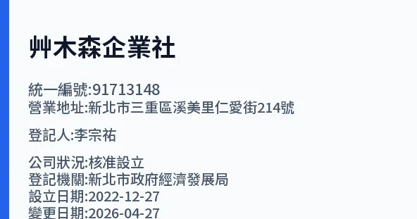 艸木森企業社的照片-統編 91713148(新北市) 公司登記資料與營業項目詳細圖表
