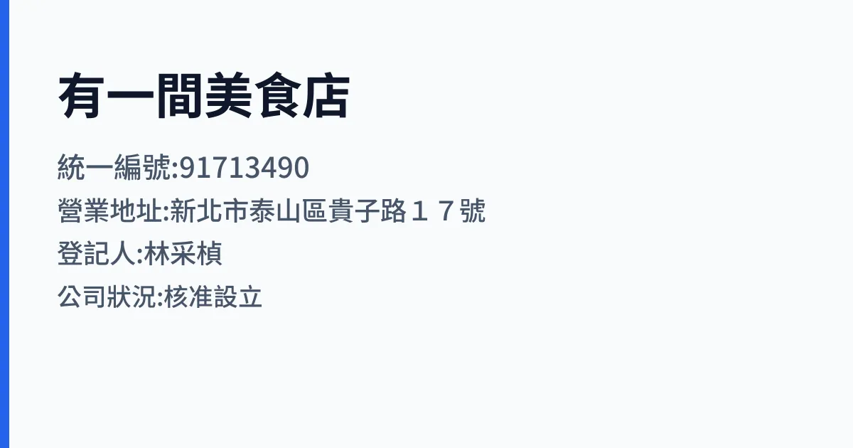 有一間美食店 - 統編 91713490(新北市) 公司登記資料與營業項目詳細圖表