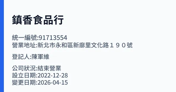 鎮香食品行的照片-統編 91713554(新北市) 公司登記資料與營業項目詳細圖表
