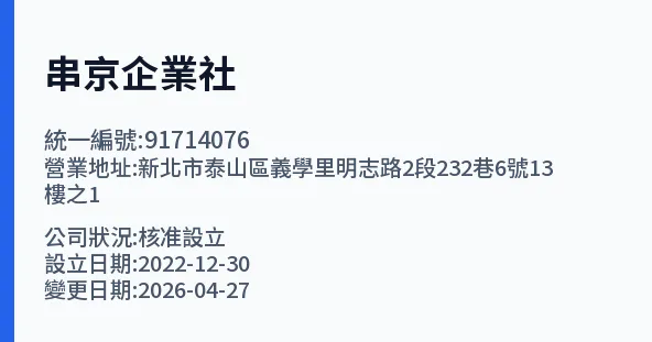 串京企業社的照片-統編 91714076(新北市) 公司登記資料與營業項目詳細圖表
