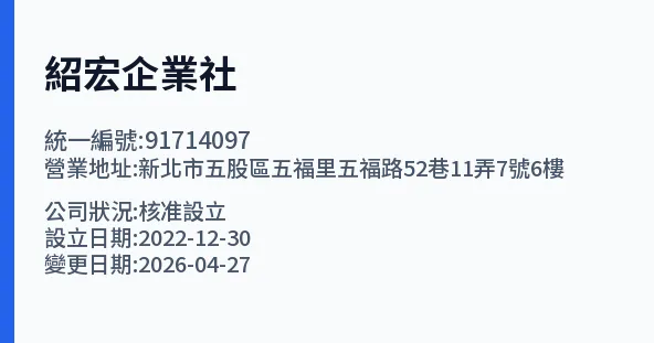紹宏企業社的照片-統編 91714097(新北市) 公司登記資料與營業項目詳細圖表