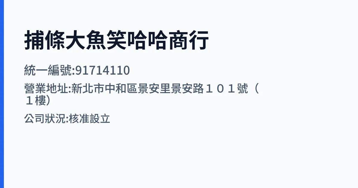 捕條大魚笑哈哈商行 - 統編 91714110(新北市) 公司登記資料與營業項目詳細圖表