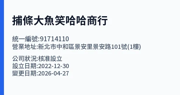捕條大魚笑哈哈商行的照片-統編 91714110(新北市) 公司登記資料與營業項目詳細圖表