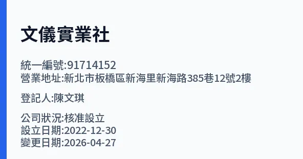 文儀實業社的照片-統編 91714152(新北市) 公司登記資料與營業項目詳細圖表