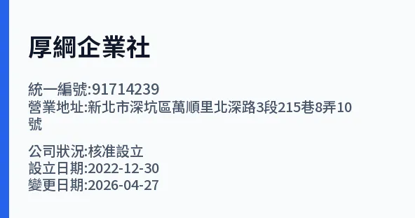 厚綱企業社的照片-統編 91714239(新北市) 公司登記資料與營業項目詳細圖表