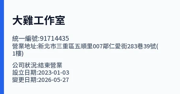 大雞工作室的照片-統編 91714435(新北市) 公司登記資料與營業項目詳細圖表