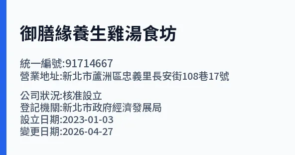 御膳緣養生雞湯食坊的照片-統編 91714667(新北市) 公司登記資料與營業項目詳細圖表