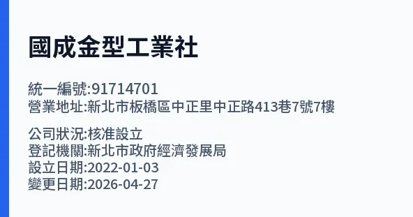 國成金型工業社的照片-統編 91714701(新北市) 公司登記資料與營業項目詳細圖表