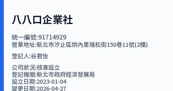 八八口企業社的照片-統編 91714929(新北市) 公司登記資料與營業項目詳細圖表