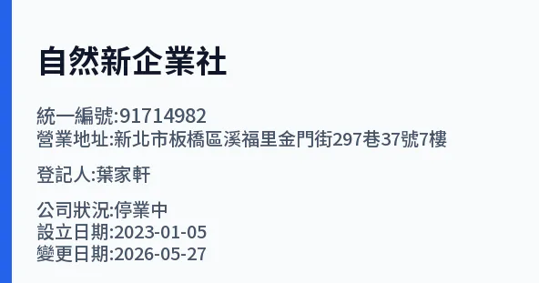 自然新企業社的照片-統編 91714982(新北市) 公司登記資料與營業項目詳細圖表
