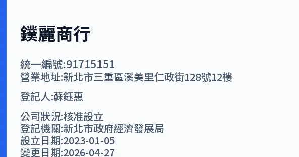鏷麗商行的照片-統編 91715151(新北市) 公司登記資料與營業項目詳細圖表