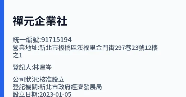 禪元企業社的照片-統編 91715194(新北市) 公司登記資料與營業項目詳細圖表