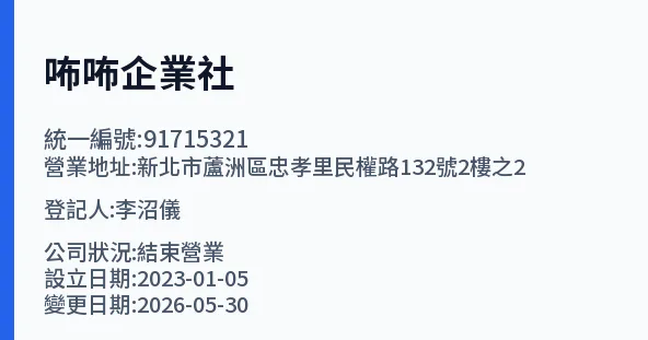 咘咘企業社的照片-統編 91715321(新北市) 公司登記資料與營業項目詳細圖表