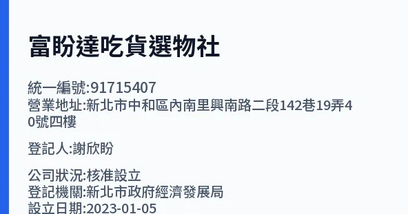 富盼達吃貨選物社的照片-統編 91715407(新北市) 公司登記資料與營業項目詳細圖表