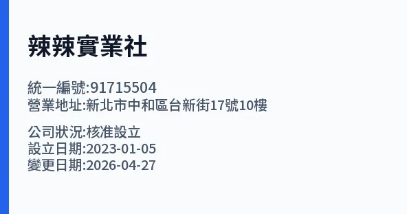 辣辣實業社的照片-統編 91715504(新北市) 公司登記資料與營業項目詳細圖表