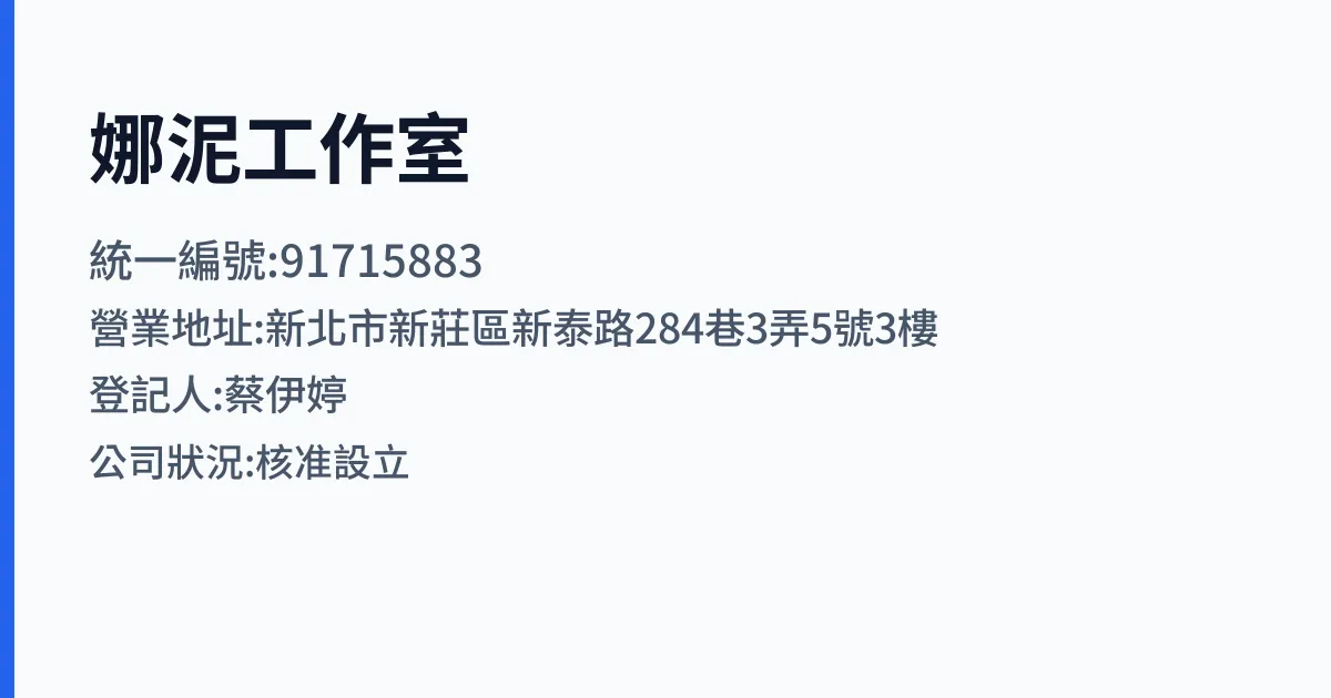 娜泥工作室 - 統編 91715883(桃園市) 公司登記資料與營業項目詳細圖表