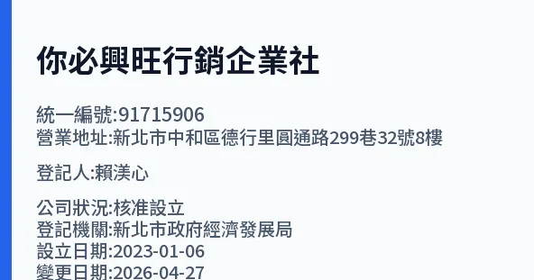 你必興旺行銷企業社的照片-統編 91715906(新北市) 公司登記資料與營業項目詳細圖表