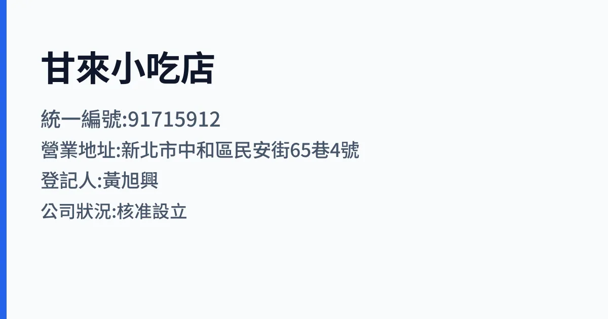 甘來小吃店 - 統編 91715912(新北市) 公司登記資料與營業項目詳細圖表