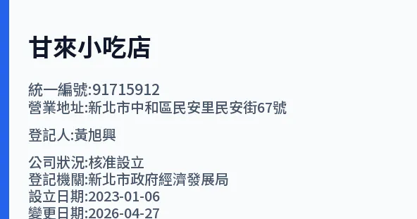 甘來小吃店的照片-統編 91715912(新北市) 公司登記資料與營業項目詳細圖表