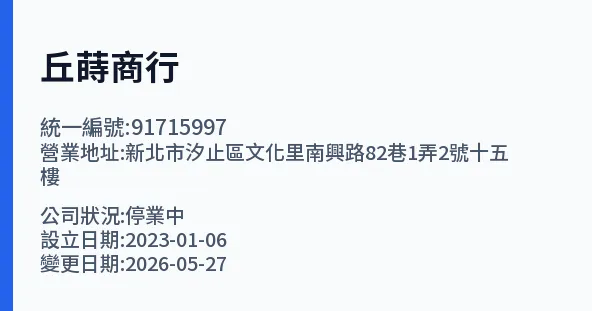 丘蒔商行的照片-統編 91715997(新北市) 公司登記資料與營業項目詳細圖表