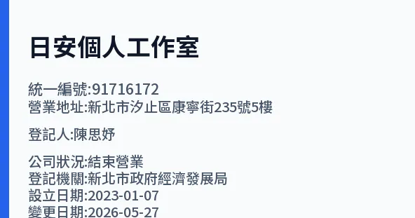 日安個人工作室的照片-統編 91716172(新北市) 公司登記資料與營業項目詳細圖表
